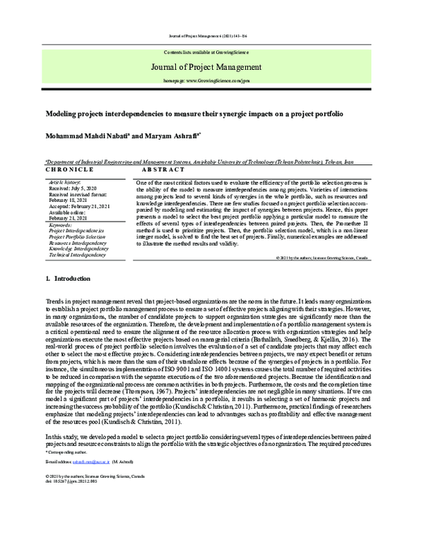 (PDF) Modeling projects interdependencies to measure their synergic impacts on a project portfolio