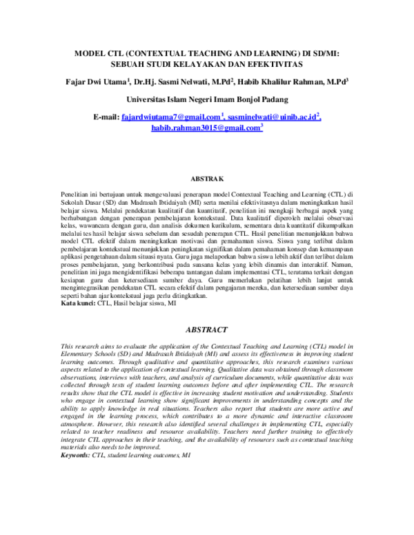 (PDF) MODEL CTL (CONTEXTUAL TEACHING AND LEARNING) DI SD/MI: SEBUAH STUDI KELAYAKAN DAN EFEKTIVITAS