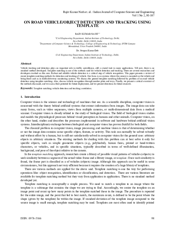 Pdf On Road Vehicle Object Detection And Tracking Using Template