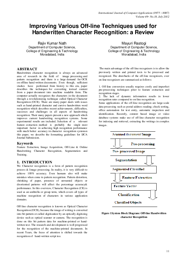Pdf Improving Various Offline Techniques Used For Handwritten Character Recognition A Review