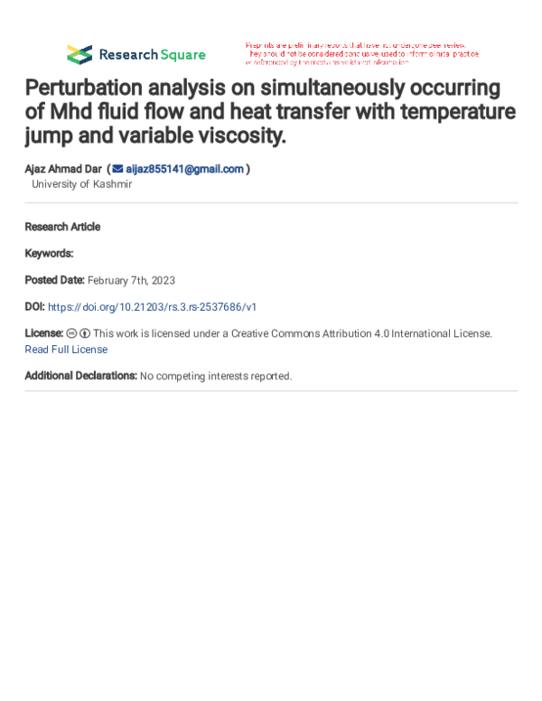 (PDF) Perturbation analysis on simultaneously occurring of Mhd fluid flow and heat transfer with ...