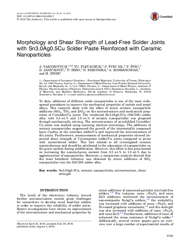 (PDF) Morphology and Shear Strength of Lead-Free Solder Joints with Sn3 ...