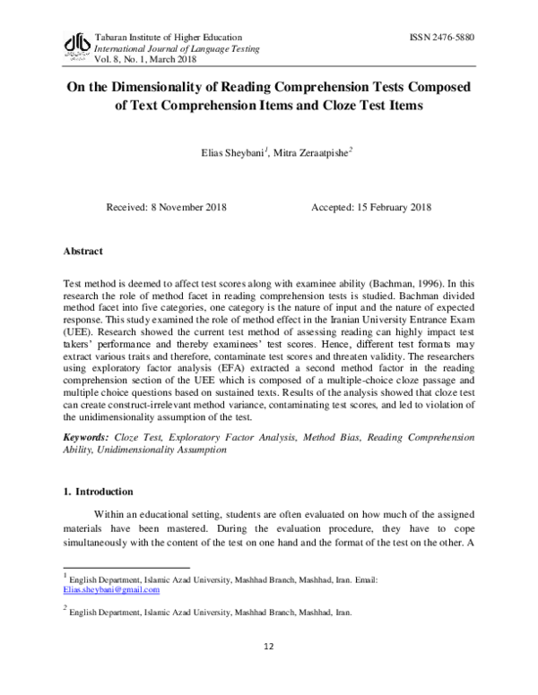 (PDF) On the Dimensionality of Reading Comprehension Tests Composed of ...