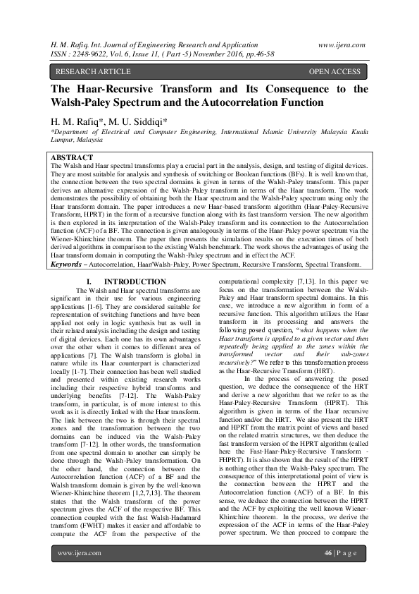 (PDF) The Haar-Recursive transform and its consequence to the Walsh-paley spectrum and the ...