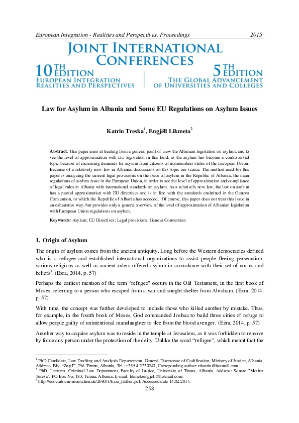 (PDF) Law for Asylum in Albania and Some EU Regulations on Asylum Issues
