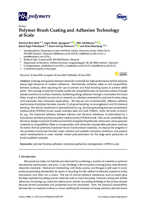 (PDF) Polymer Brush Coating and Adhesion Technology at Scale | Steen ...