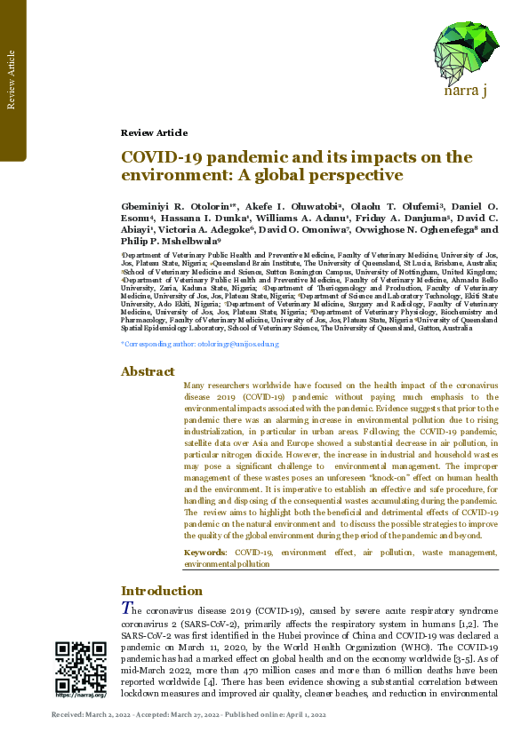(PDF) COVID-19 pandemic and its impacts on the environment: A global ...