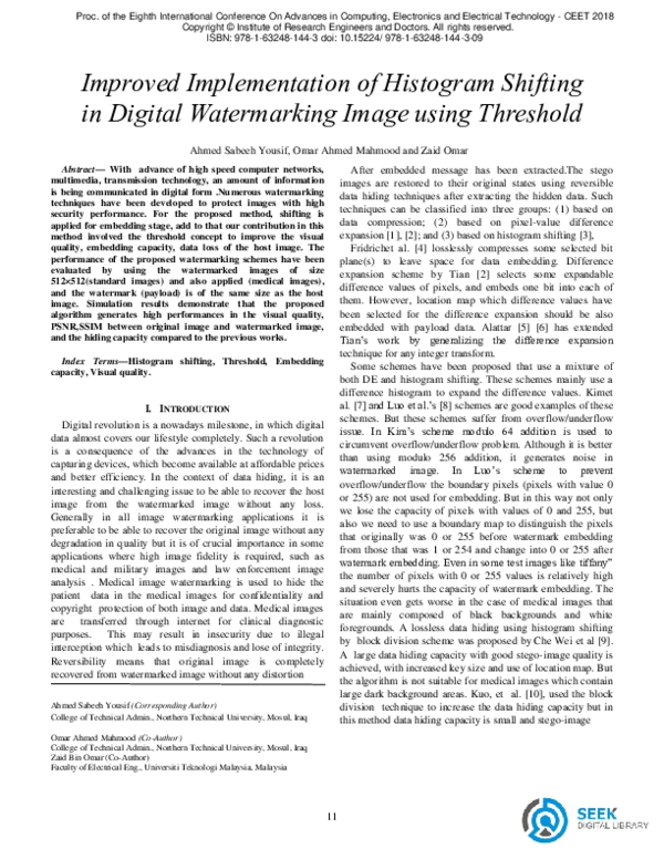 (PDF) Improved Implementation of Histogram Shifting in Digital Watermarking Image using Threshold