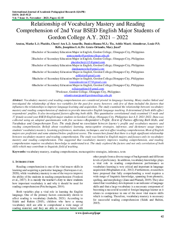 (PDF) Relationship of Vocabulary Mastery and Reading Comprehension of ...