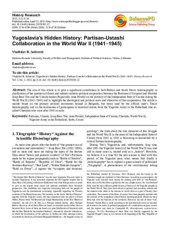 (PDF) Yugoslavia’s Hidden History: Partisan-Ustashi Collaboration in ...
