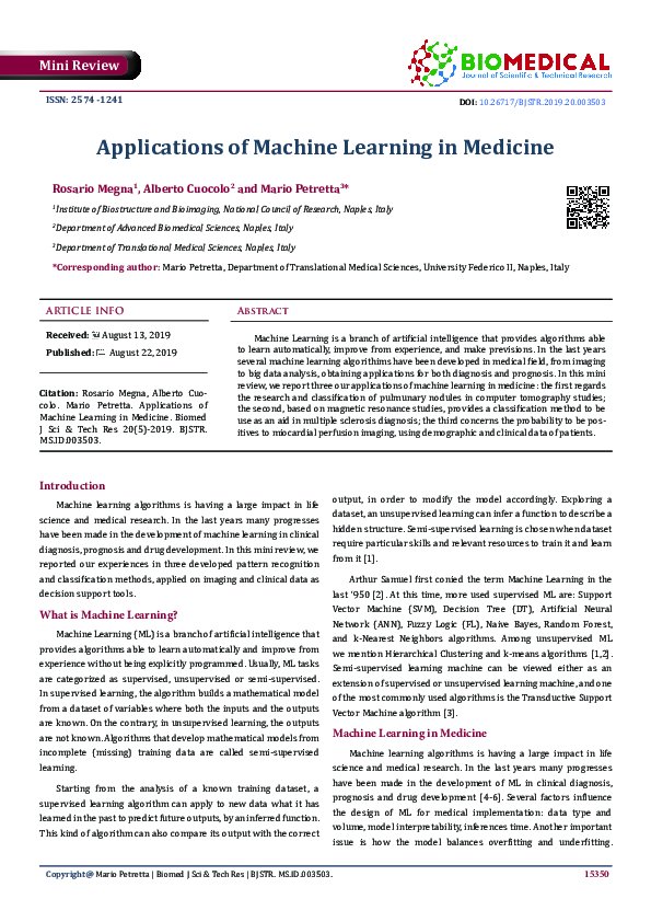 (PDF) Applications of Machine Learning in Medicine