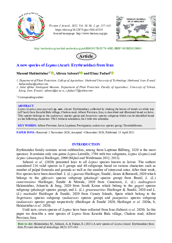 (PDF) A new species of Leptus (Acari: Erythraeidae) from Iran