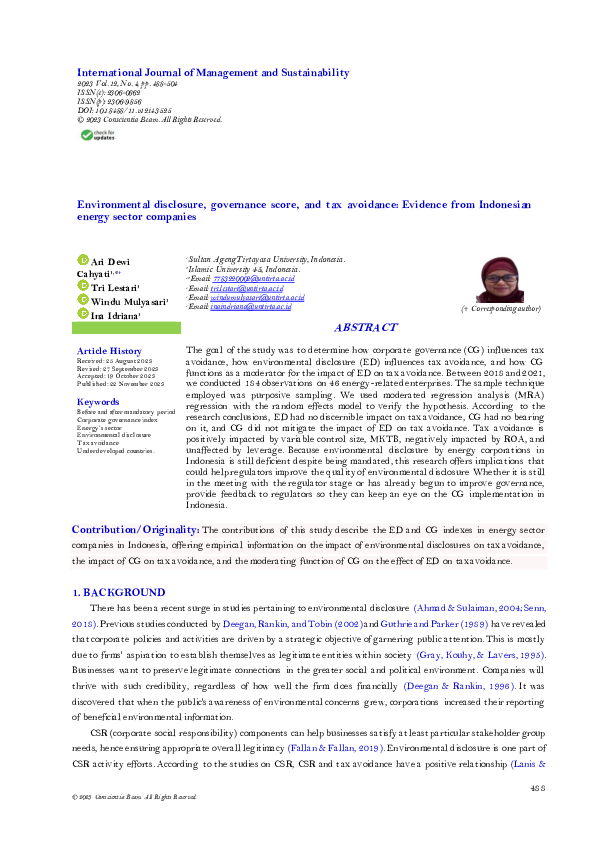 (PDF) Environmental disclosure, governance score, and tax avoidance ...