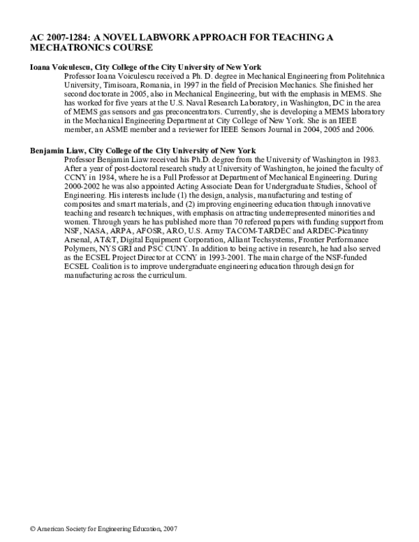 (PDF) A Novel Labwork Approach For Teaching A Mechatronics Course
