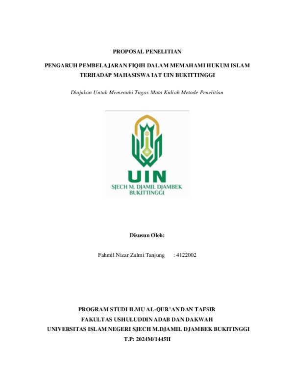 (PDF) PROPOSAL PENELITIAN PENGARUH PEMBELAJARAN FIQIH DALAM MEMAHAMI HUKUM ISLAM TERHADAP ...