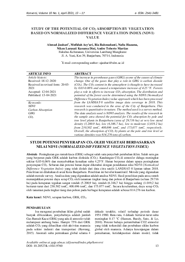 (PDF) Study of the Potential of CO2 Absorption by Vegetation Based on Normalized Difference ...