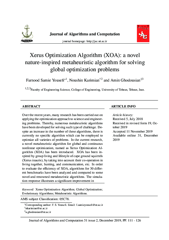 (PDF) Xerus Optimization Algorithm (XOA): a novel nature-inspired ...