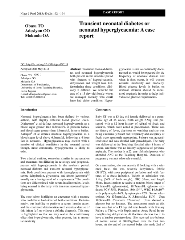 (PDF) Neonatal Diabetes: Permanent Neonatal Diabetes and Transient ...