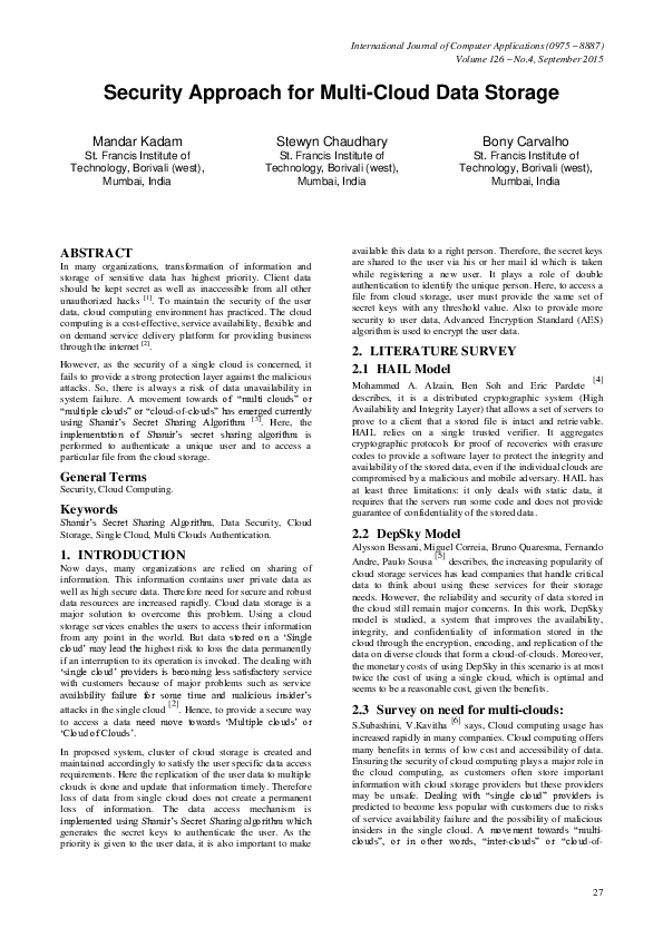 Pdf Security Approach For Multi Cloud Data Storage