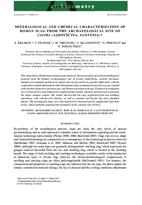 (PDF) MINERALOGICAL AND CHEMICAL CHARACTERIZATION OF ROMAN SLAG FROM ...