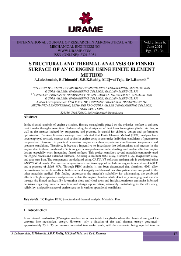 (PDF) STRUCTURAL AND THERMAL ANALYSIS OF FINNED SURFACE OF AN IC ENGINE USING FINITE ELEMENT METHOD