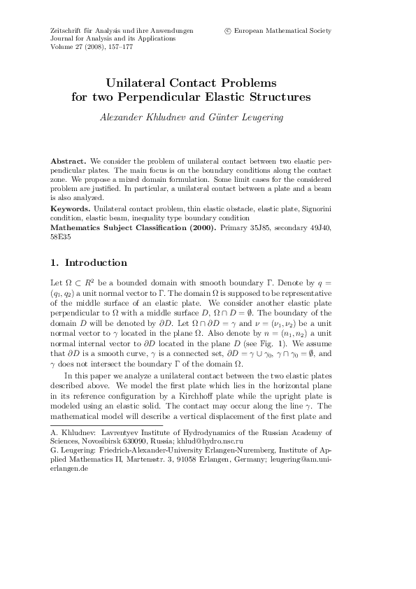 (PDF) Unilateral Contact Problems for two Perpendicular Elastic Structures | Günter Leugering ...