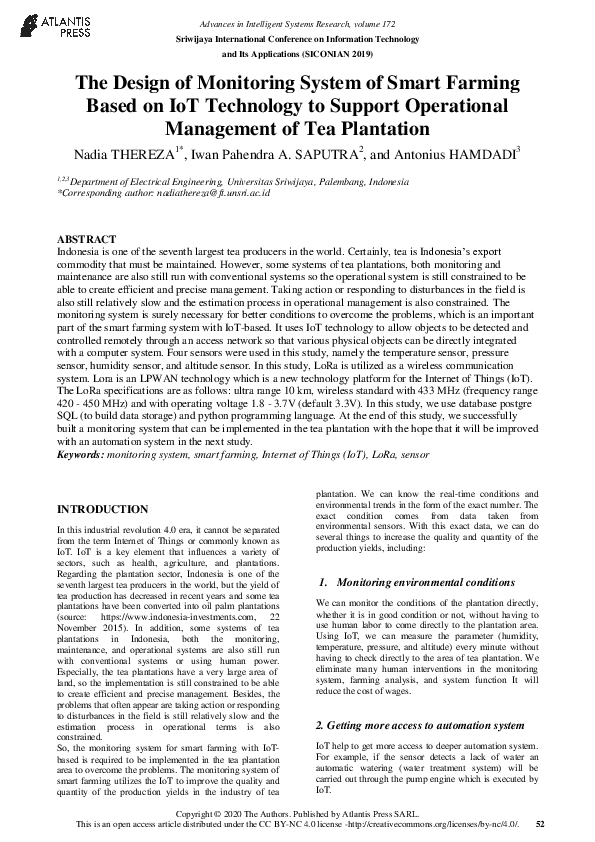 (PDF) The Design of Monitoring System of Smart Farming Based on IoT Technology to Support ...