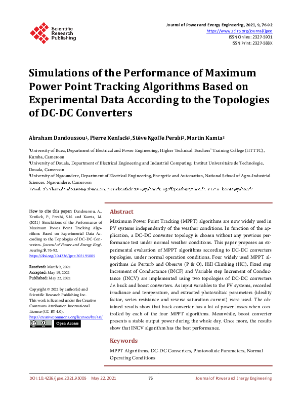 Pdf Simulations Of The Performance Of Maximum Power Point Tracking Algorithms Based On