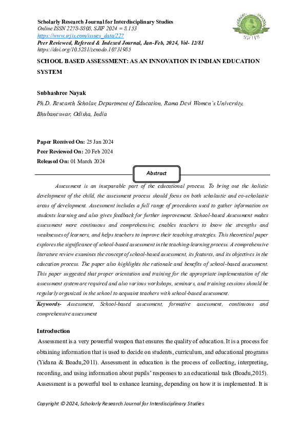 (PDF) SCHOOL BASED ASSESSMENT: AS AN INNOVATION IN INDIAN EDUCATION SYSTEM
