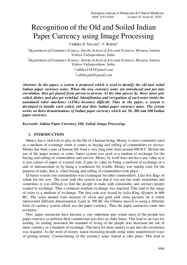 (PDF) Recognition of the Old and Soiled Indian Paper Currency using Image Processing