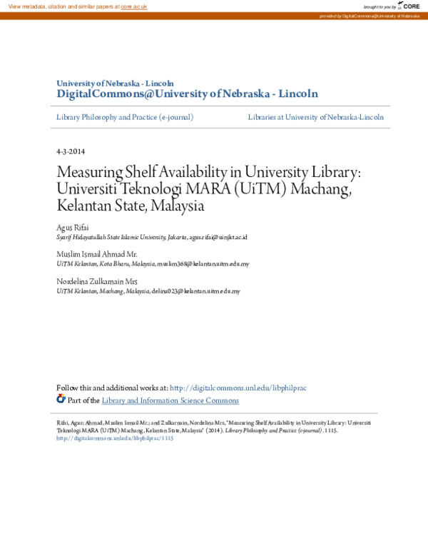 (PDF) Measuring Shelf Availability in University Library: Universiti ...