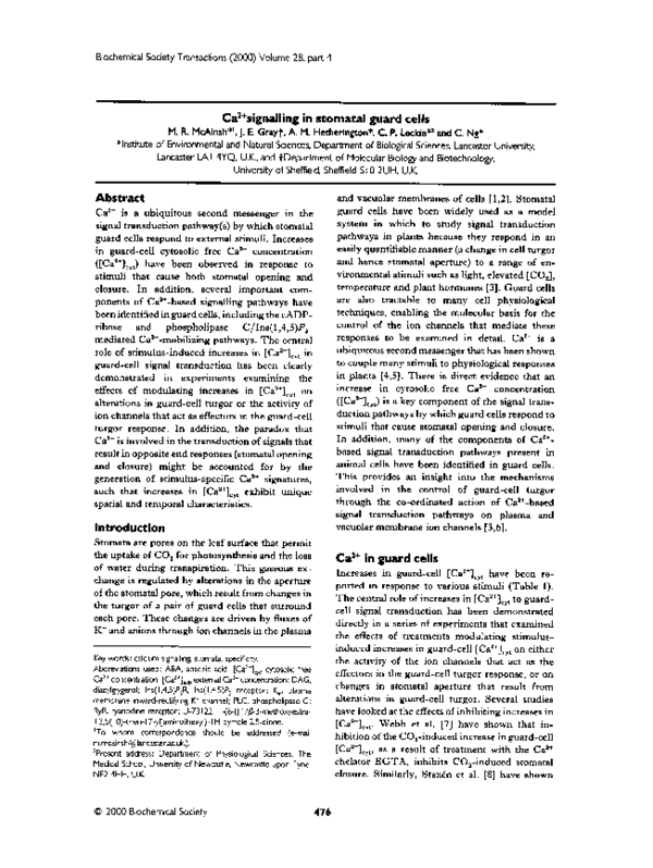 (PDF) Ca2+signalling in stomatal guard cells