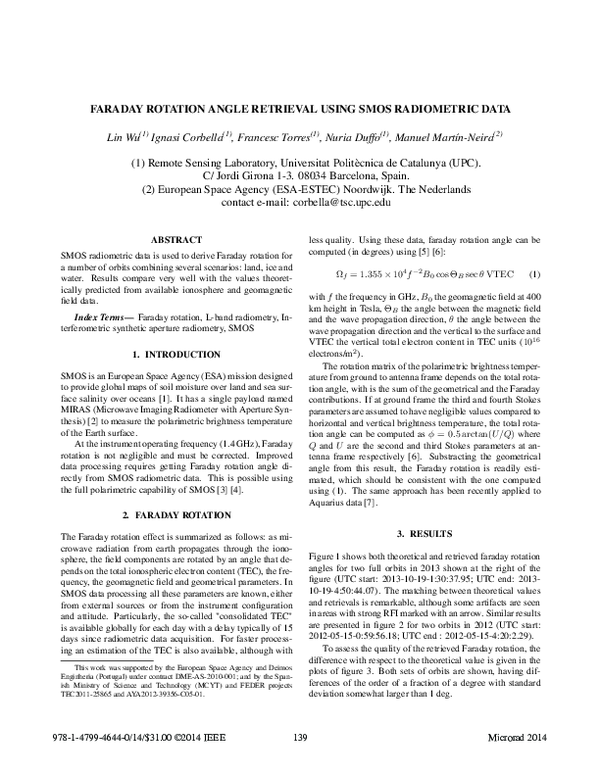 (PDF) Faraday rotation angle retrieval using SMOS radiometric data | Manuel Martin Neira ...