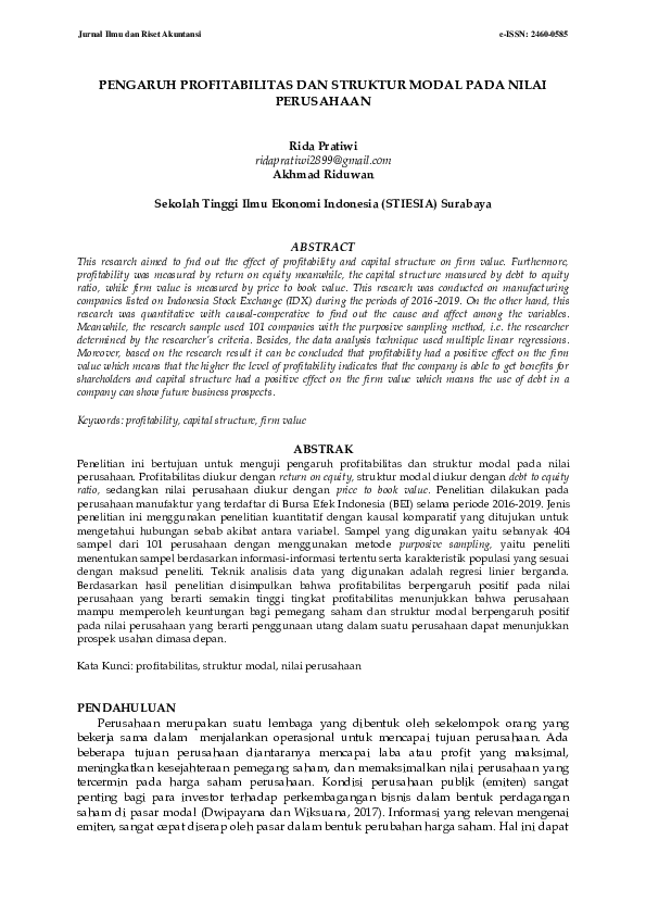 (PDF) Pengaruh Profitabilitas Dan Struktur Modal Pada Nilai Perusahaan