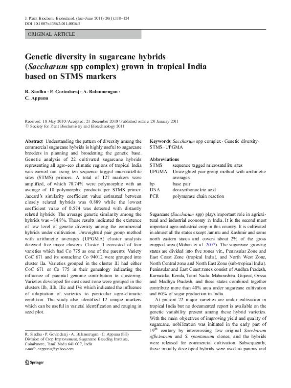 (PDF) Genetic diversity in sugarcane hybrids (Saccharum spp complex ...