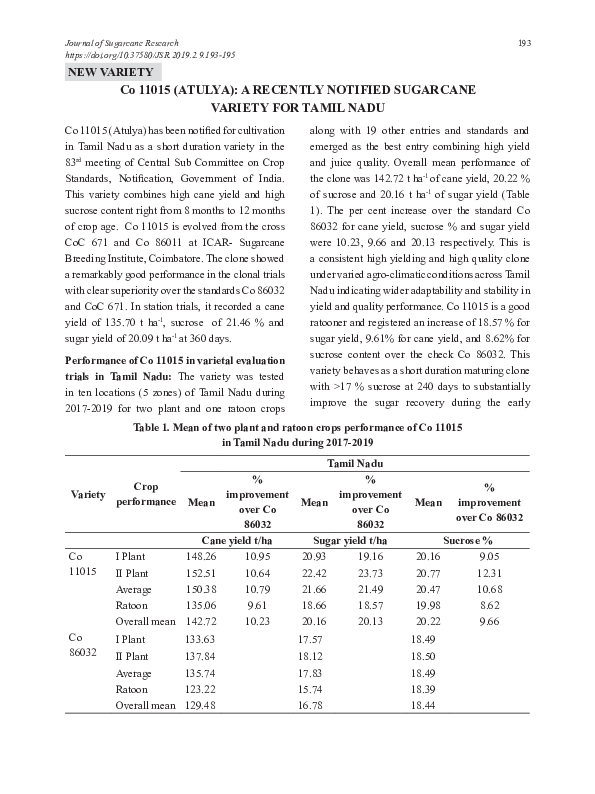 (PDF) Co 11015 (Atulya) a Recently Notified Sugarcane Variety for Tamil ...