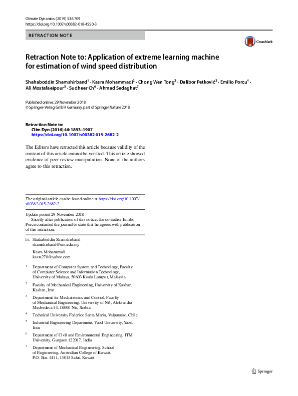 Pdf Retraction Note To Application Of Extreme Learning Machine For Estimation Of Wind Speed