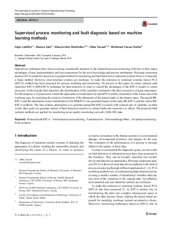 (PDF) Supervised process monitoring and fault diagnosis based on ... (PDF) Supervised process monitoring and fault diagnosis based on ...