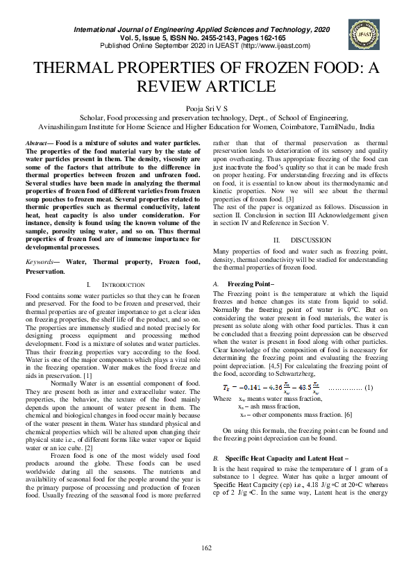 (PDF) Thermal Properties of Frozen Food: A Review Article