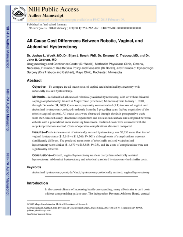 (PDF) Cost Differences Among Robotic, Vaginal, and Abdominal Hysterectomy