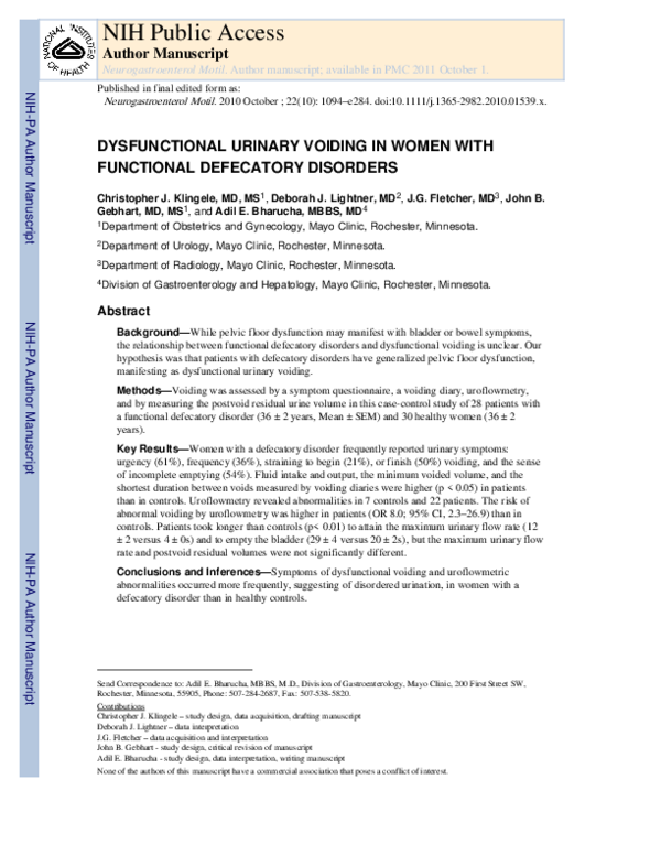 (PDF) Dysfunctional urinary voiding in women with functional defecatory ...
