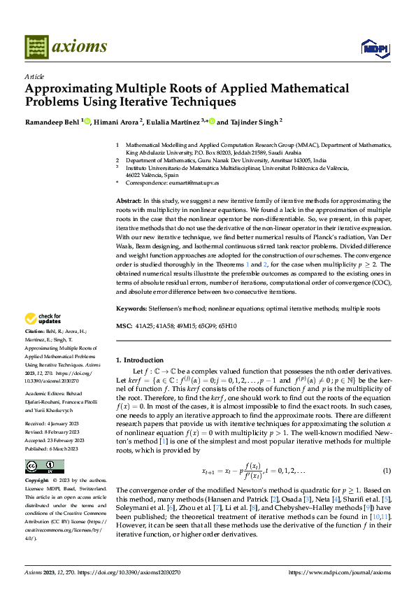 (PDF) Approximating Multiple Roots of Applied Mathematical Problems Using Iterative Techniques