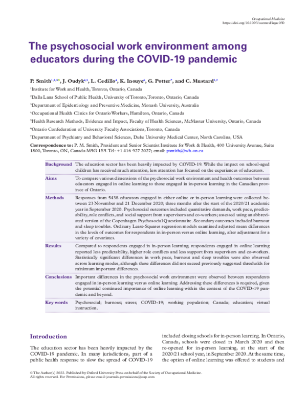 (PDF) The psychosocial work environment among educators during the ...