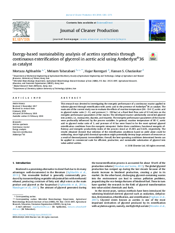 (PDF) Exergy-based sustainability analysis of acetins synthesis through ...