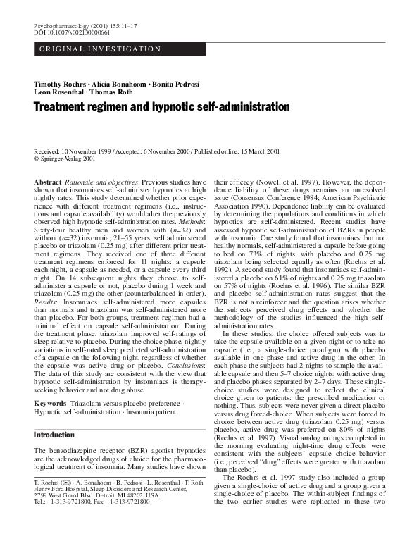 (PDF) Treatment regimen and hypnotic self-administration | Timothy ...