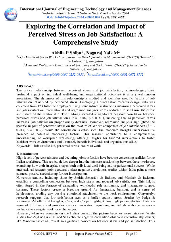 (PDF) Exploring the Correlation and Impact of Perceived Stress on Job Satisfaction: A ...