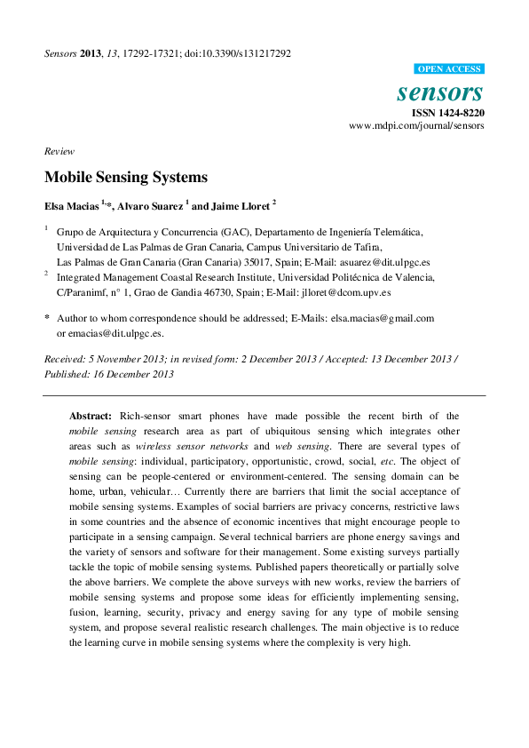 Pdf Mobile Sensing Systems