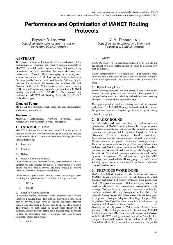 Pdf Performance And Optimization Of Manet Routing Protocols