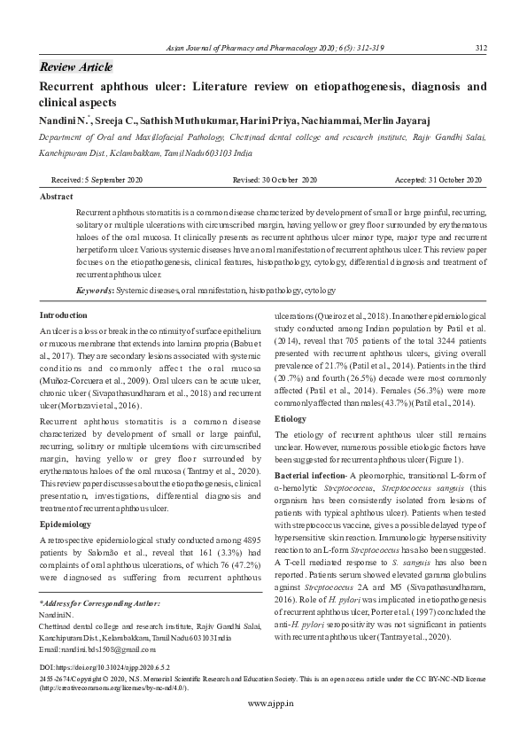 (PDF) Recurrent aphthous ulcer: Literature review on etiopathogenesis, diagnosis and clinical ...