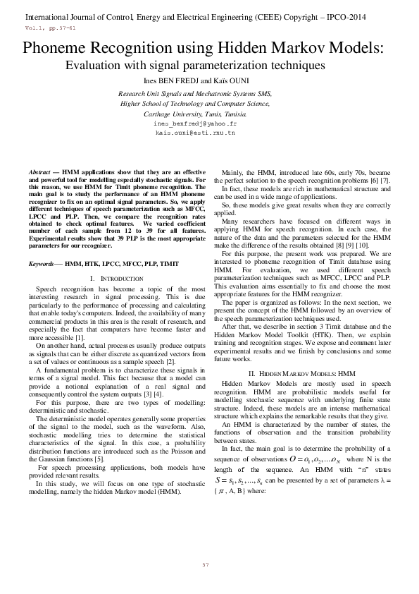 (PDF) Phoneme Recognition using Hidden Markov Models : Evaluation with signal parameterization ...